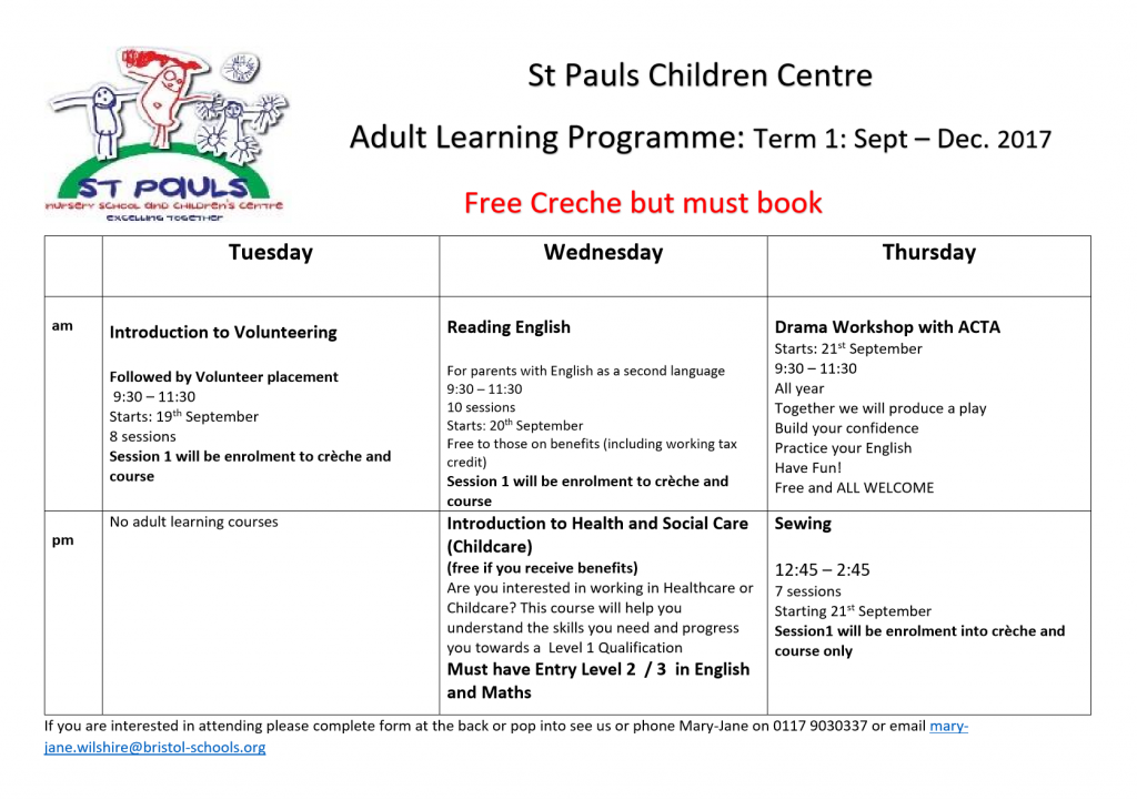 Adult Learning Programme - St. Pauls Nursery School and Children’s Centre
